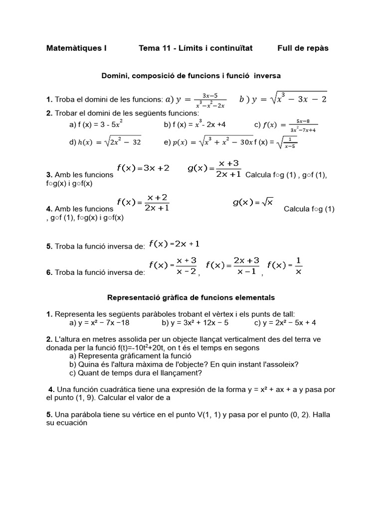 Tema 11 - Límits I Continuïtat - Full de Repàs | PDF