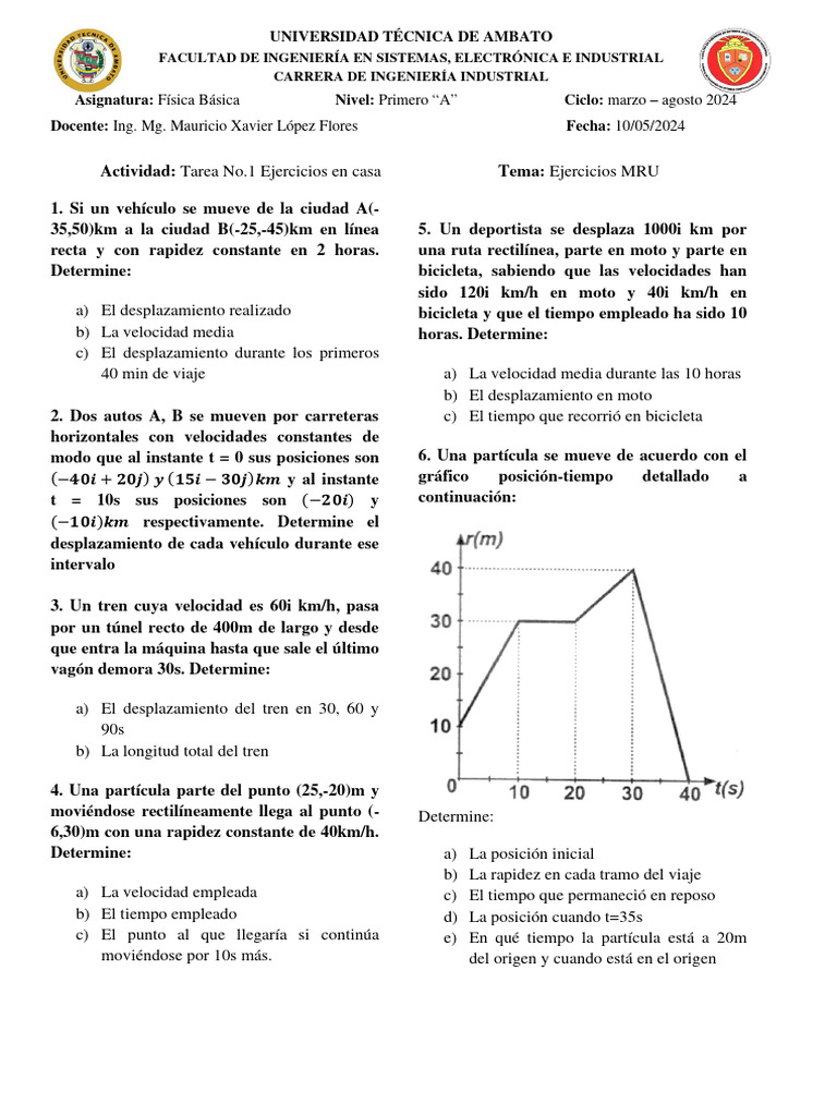 Tarea No. 4 Ejercicios MRU | PDF | Velocidad | Velocidad