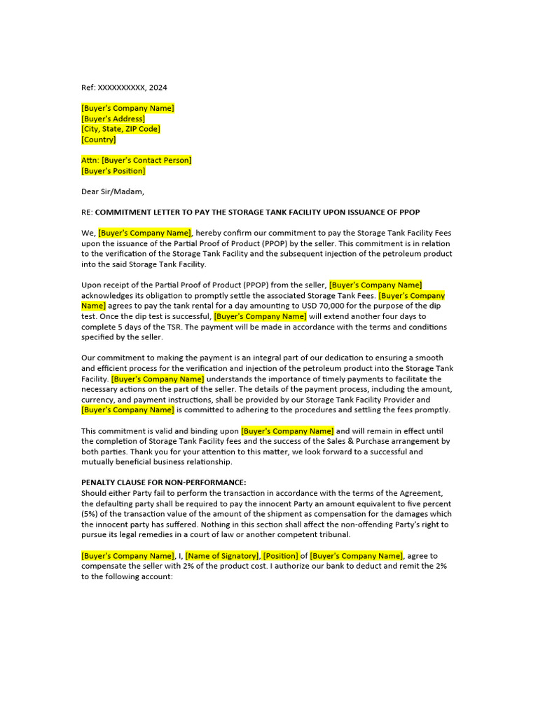 Commitment Letter for Storage Fees | PDF | Sales | Payments
