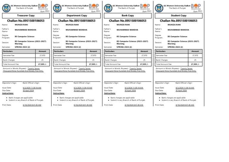 GCSWU Fee Challan for Spring 2024 | PDF | Money | Service Industries