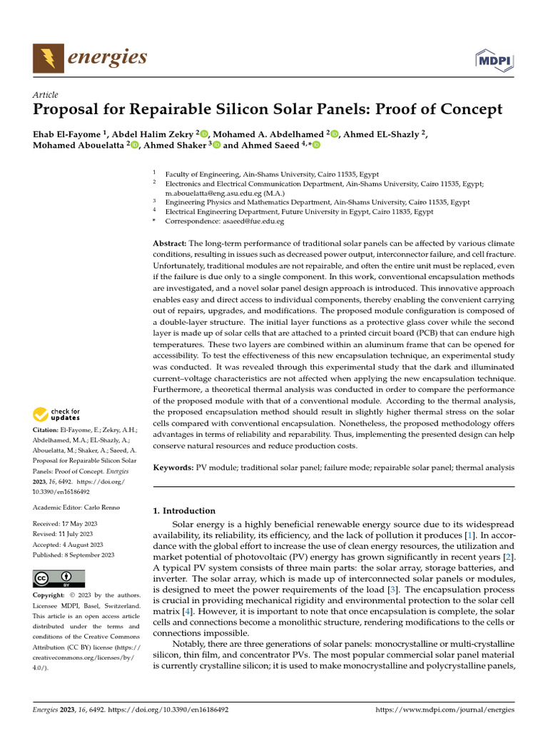 Energies Repairable Solar Panel | PDF | Photovoltaics | Solar Panel