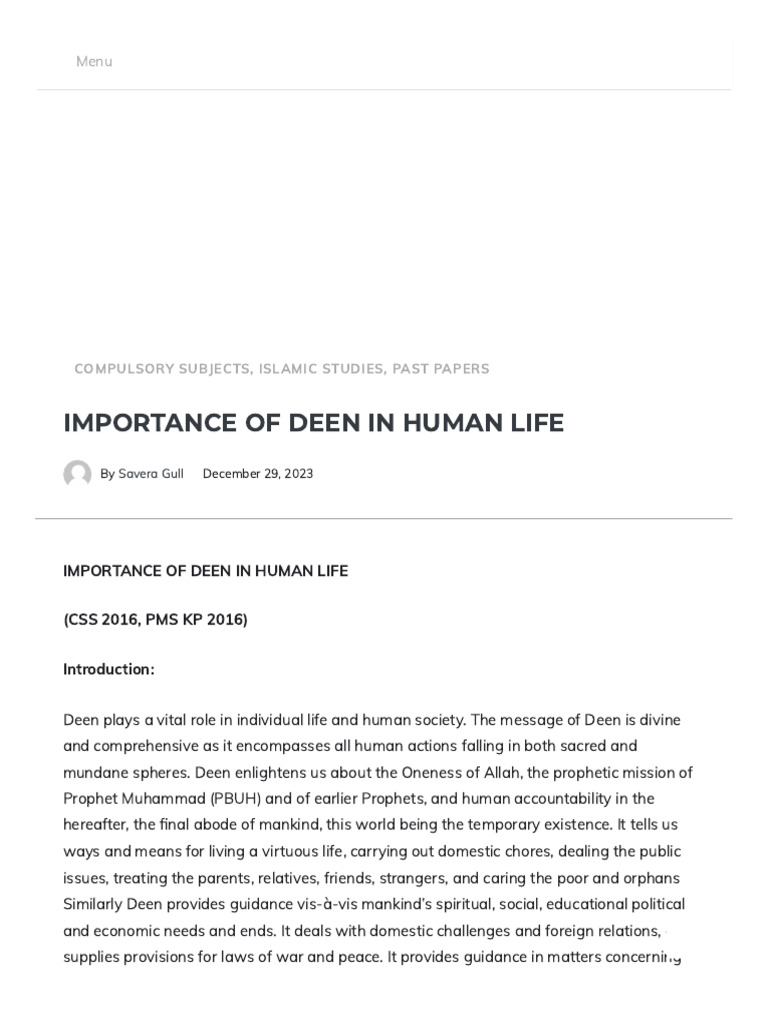Importance of Deen in Human Life - CSS Journey | PDF