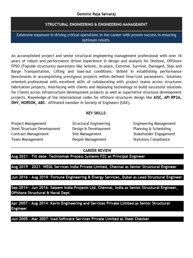 Dominic Raja Selvaraj: Engineering Expertise | PDF | Project Management