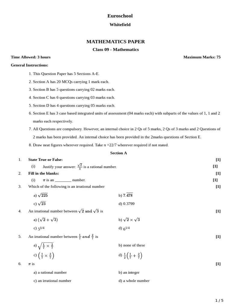 Question Paper For Chapter 1 Irrational Numbers | PDF | Numbers ...