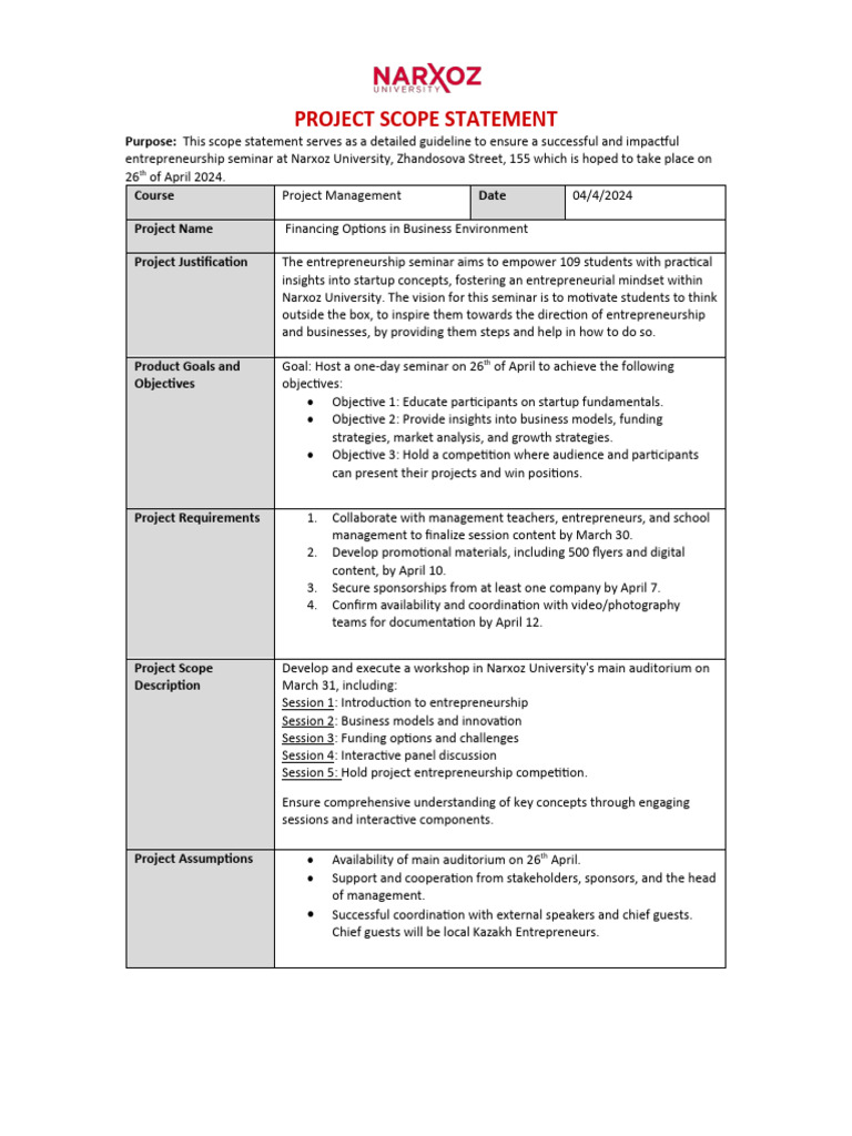 Project Scope Statement | PDF | Entrepreneurship | Startup Company