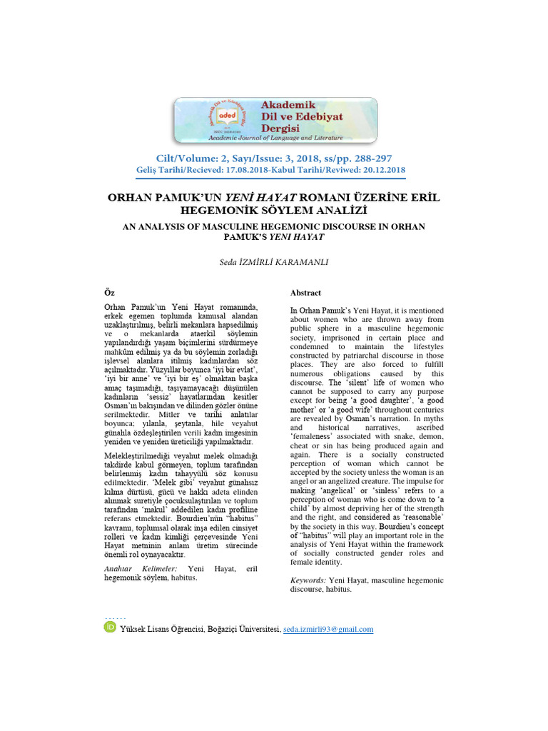 Orhan Pamuk'un Yeni̇ Hayat Romani Üzeri̇ne Eri̇l Hegemoni̇k Söylem Anali̇zi̇ | PDF