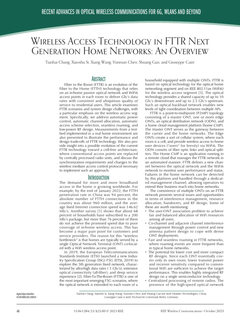 Wireless Access Technology in FTTR Next Generation Home Networks An Overview | PDF | Computer ...