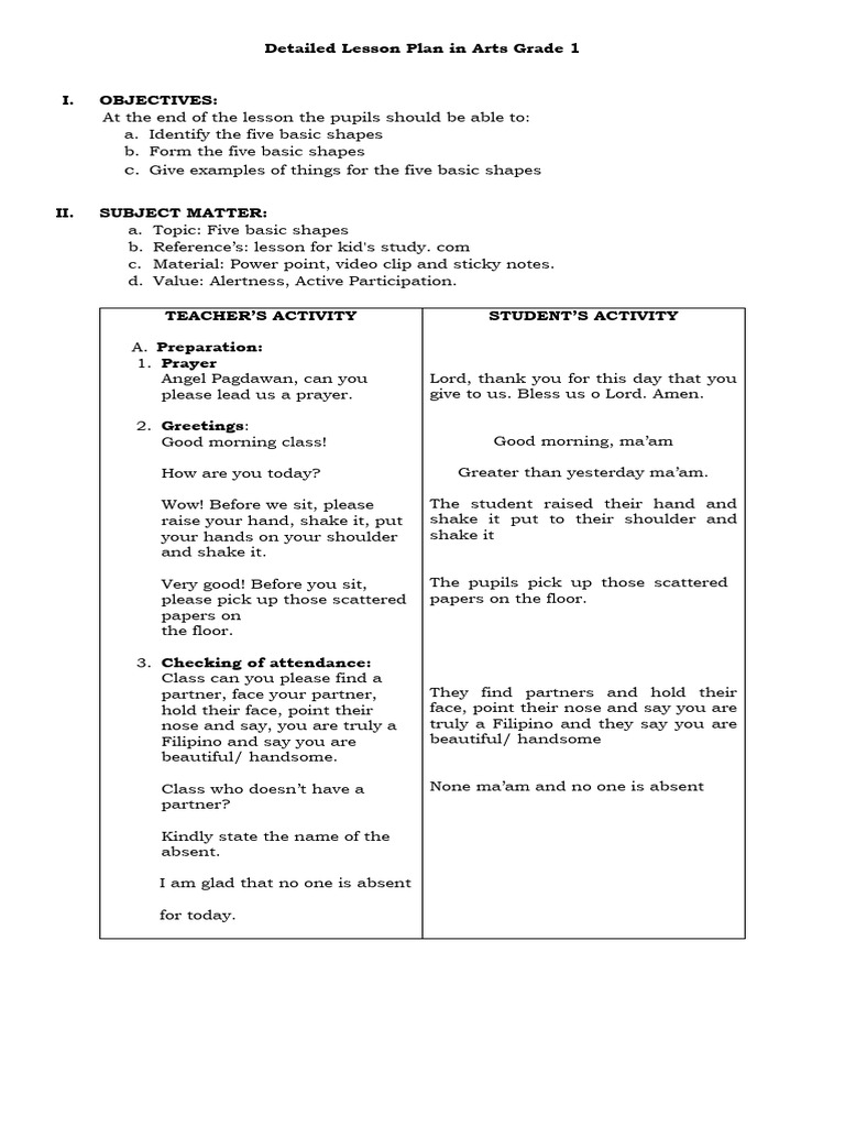Detailed Lesson Plan in Arts Grade 1 | PDF | Rectangle | Triangle