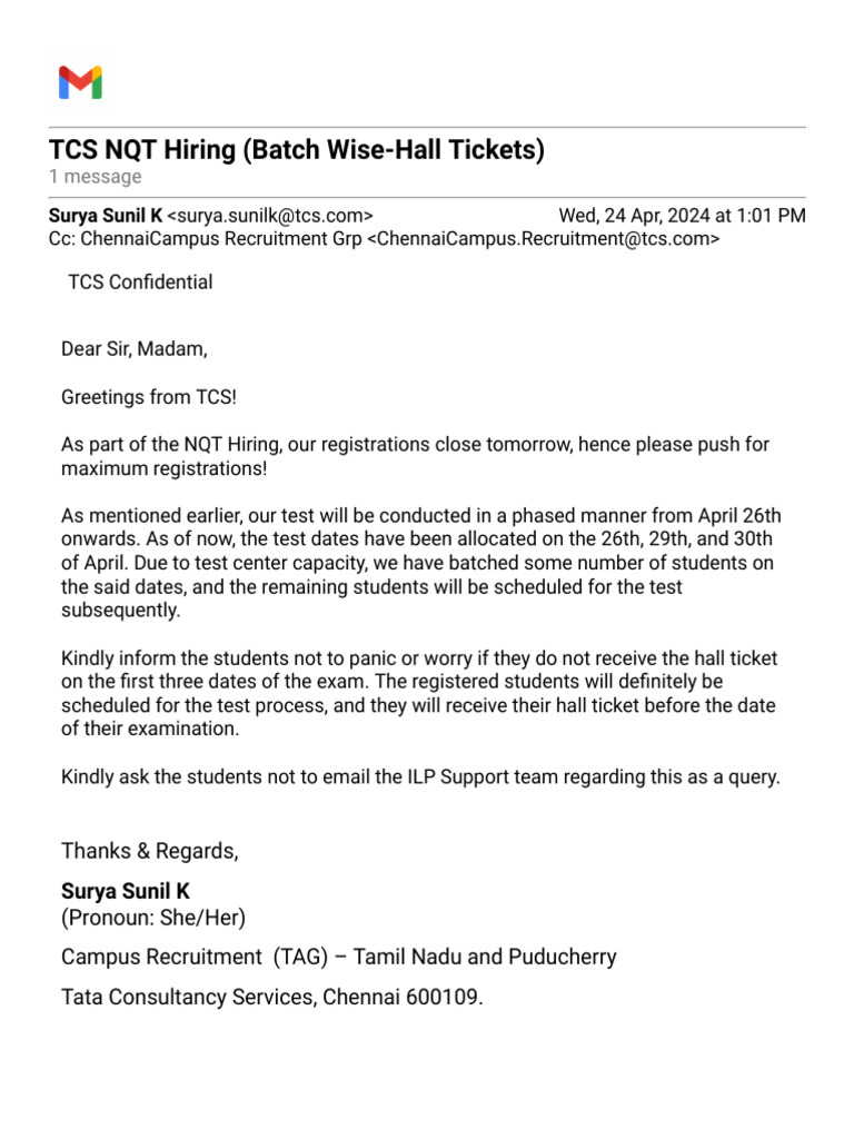 Gmail - TCS NQT Hiring (Batch Wise-Hall Tickets) | PDF | Career & Growth