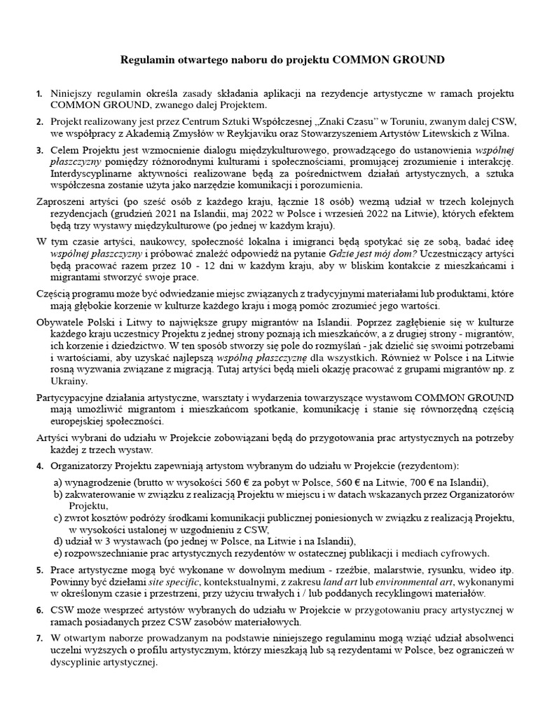 Regulamin Naboru Program Rezydencji - Common Ground | PDF