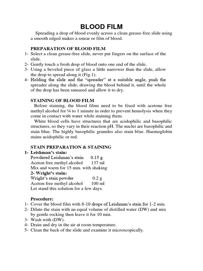 Blood Film Preparation Guide | PDF | Staining | Blood