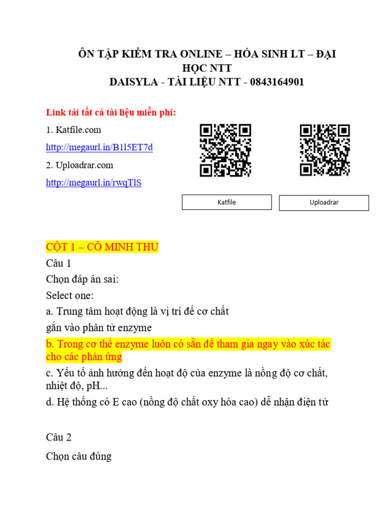 Online C T 1 Cô Thu - Hóa Sinh LT - ĐH NTT | PDF