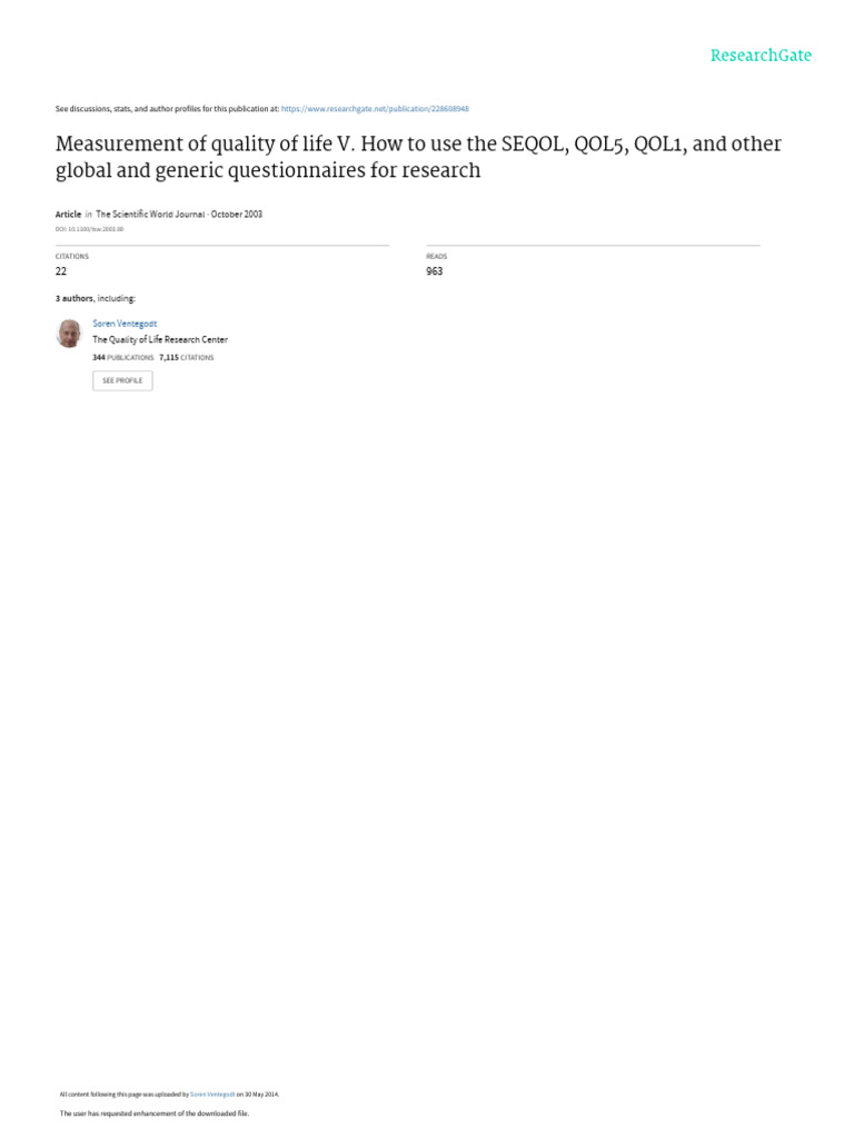 Measurement of Quality of Life V How To Use The SE | PDF | Survey ...