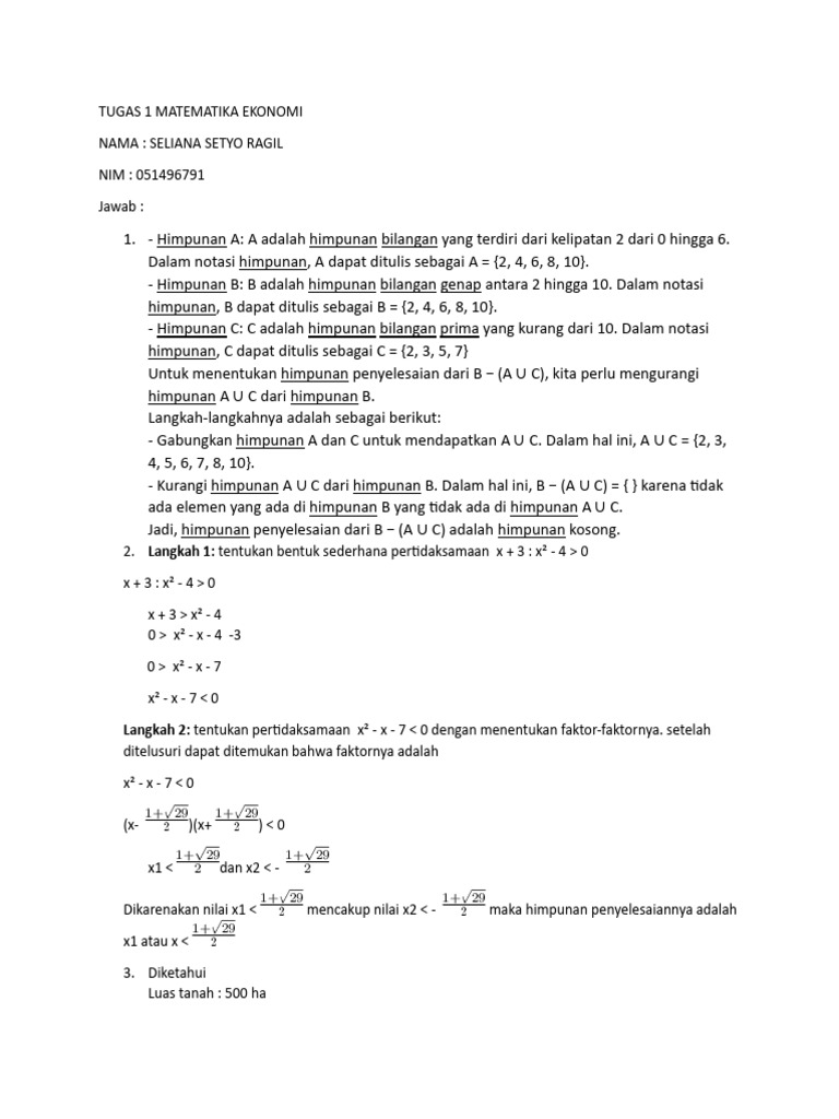 Tugas 1 Matematika Ekonomi | PDF