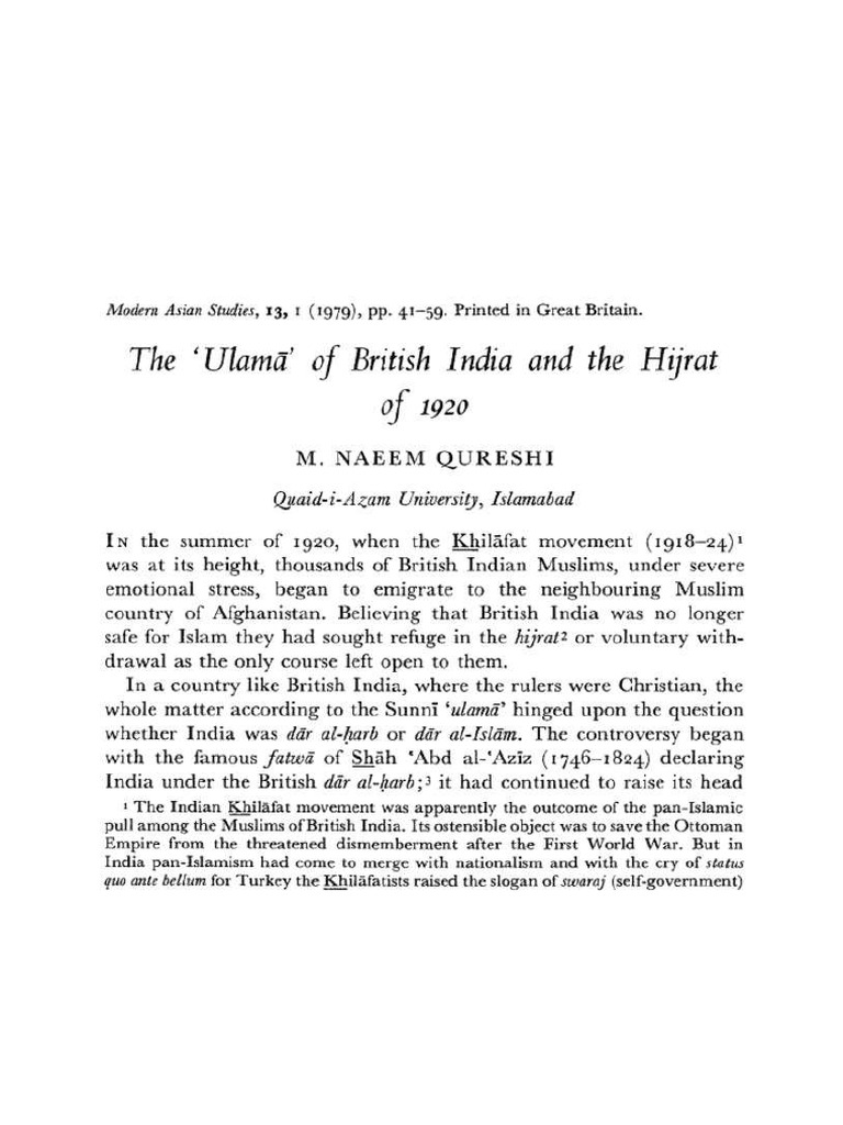 The Ulama of British India and Khilafat Movement 1920 | PDF