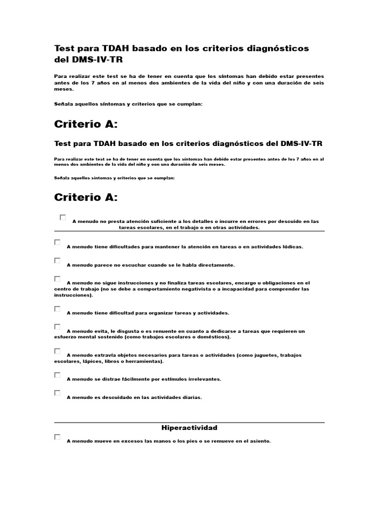Test para TDAH Basado en Los Criterios Diagnósticos Del DMS | PDF ...