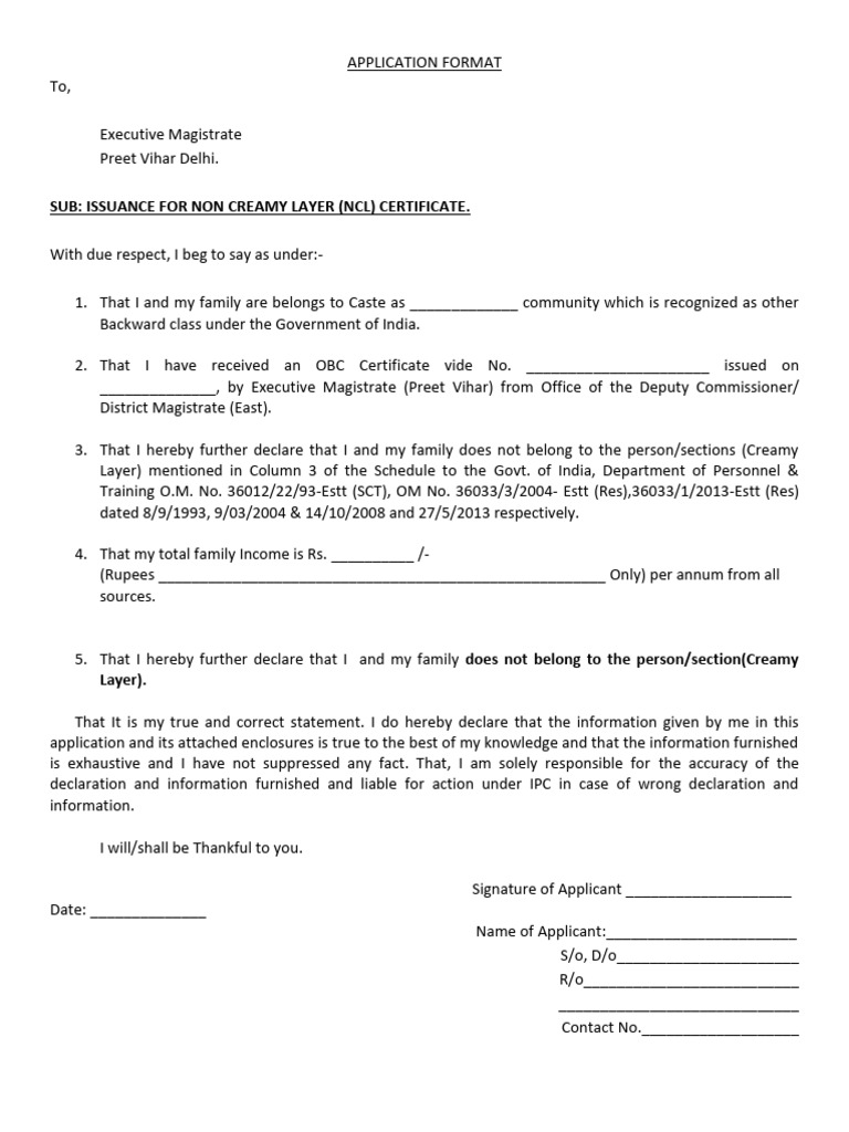 NCL Application and OBC Form and Affidavit | PDF | Identity Document