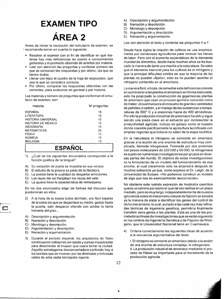 Examen Simulacro Unam Área 2 | PDF