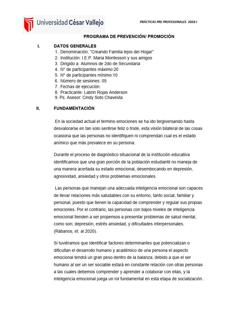 Esquema Programa Prevencion-Promocion | PDF | Las emociones | Inteligencia emocional