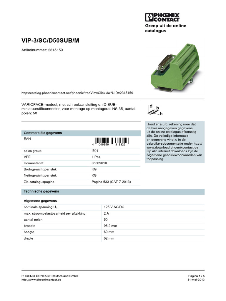 Datablad 717381 Interface Module Varioface Vip Phoenix Contact 2315159 ...