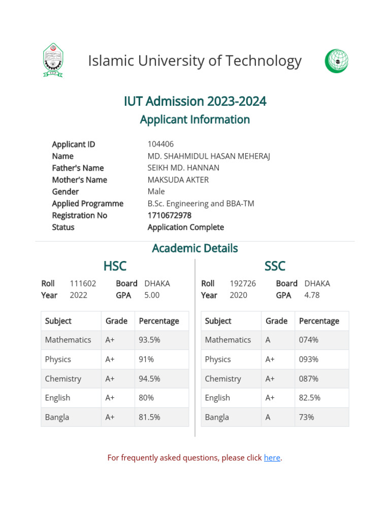 IUT Admission 2023: Applicant Info | PDF