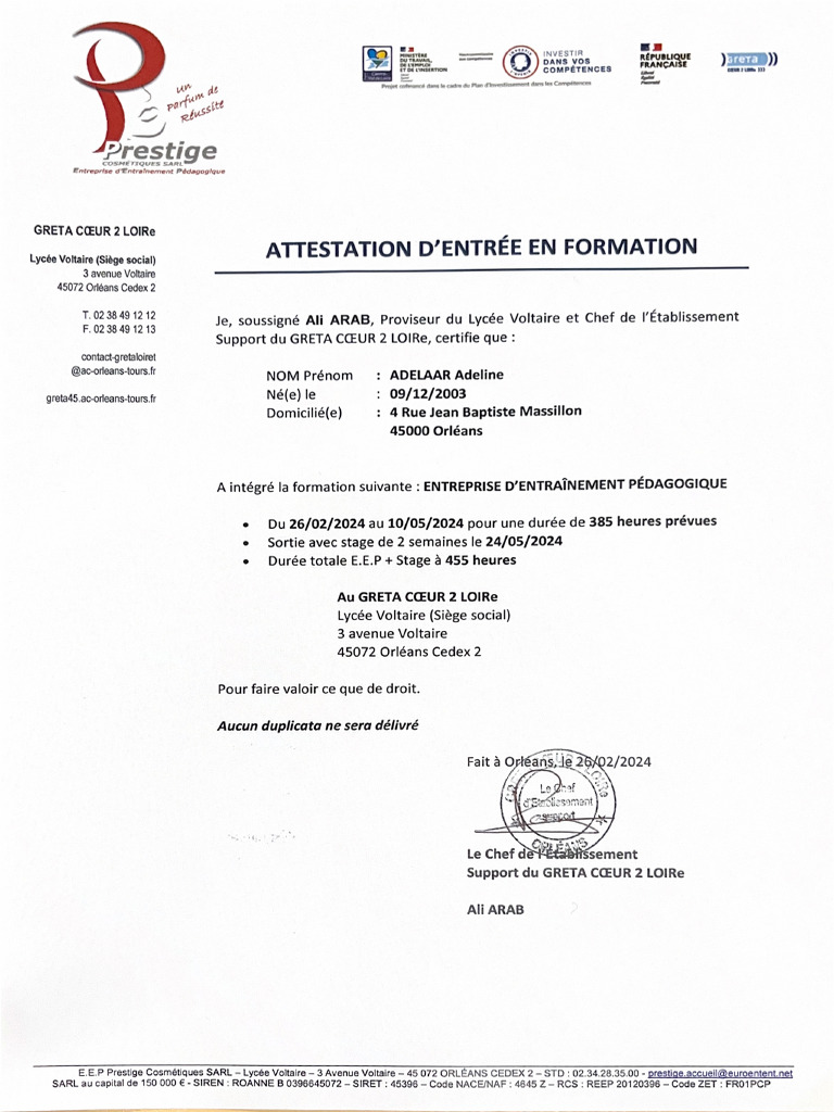 Attestation D'entrée en Formation | PDF
