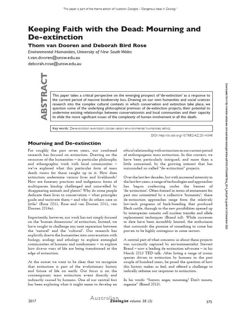 Keeping Faith With The Dead - Mourning and De-Extinction | PDF ...