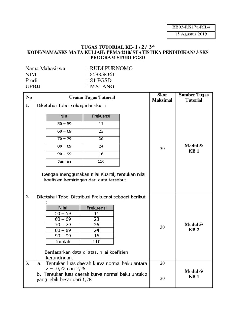 Tugas Tutorial 3 - Statistika Pendidikan - Pema4210 (RUDI PURNOMO 858858361) | PDF