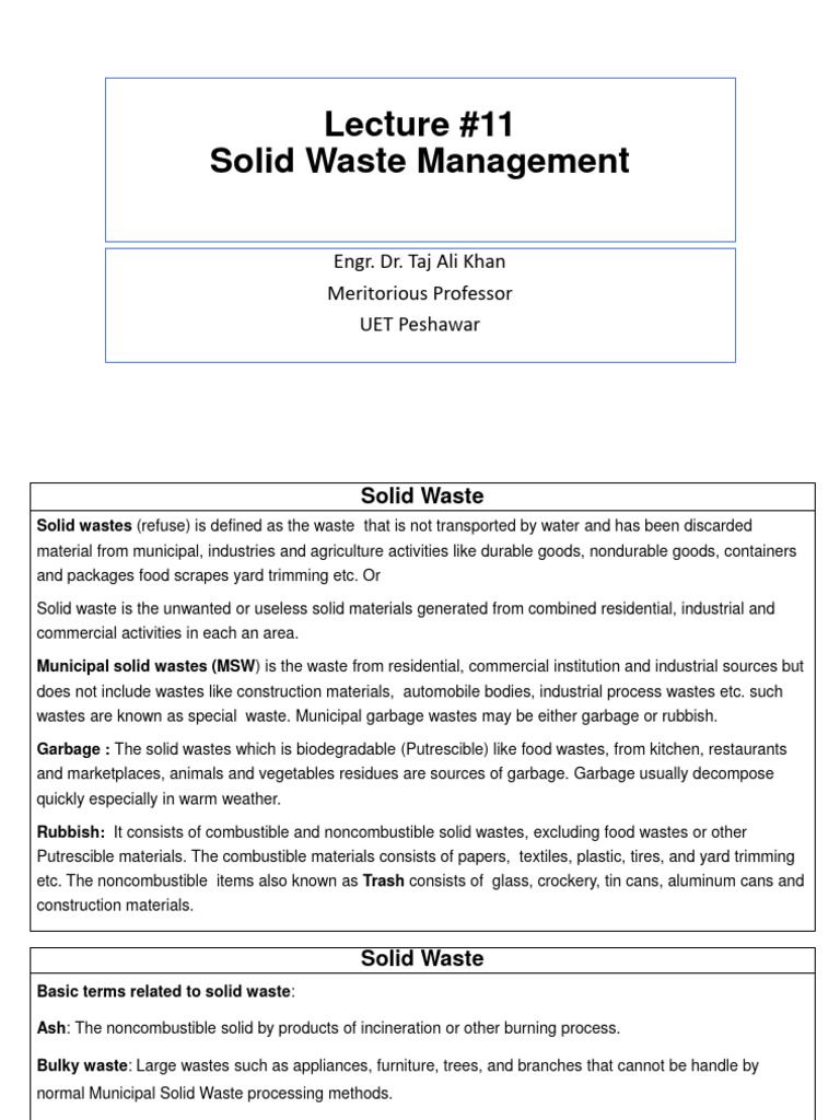 CE-333 Lecture-11 Solid Waste Management | PDF | Municipal Solid Waste | Waste