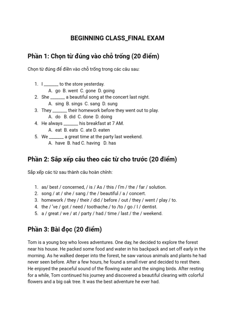 Beginning Class - Final Exam | PDF