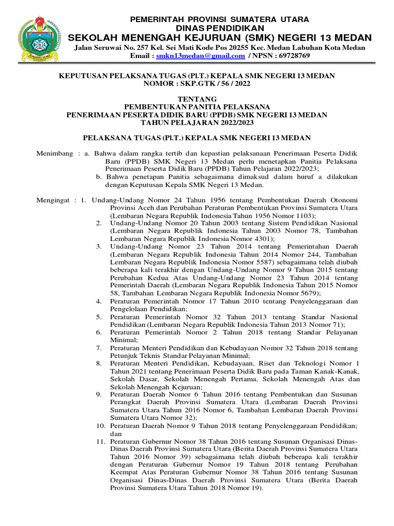 SK Panitia PPDB T.P. 2022-2023 | PDF