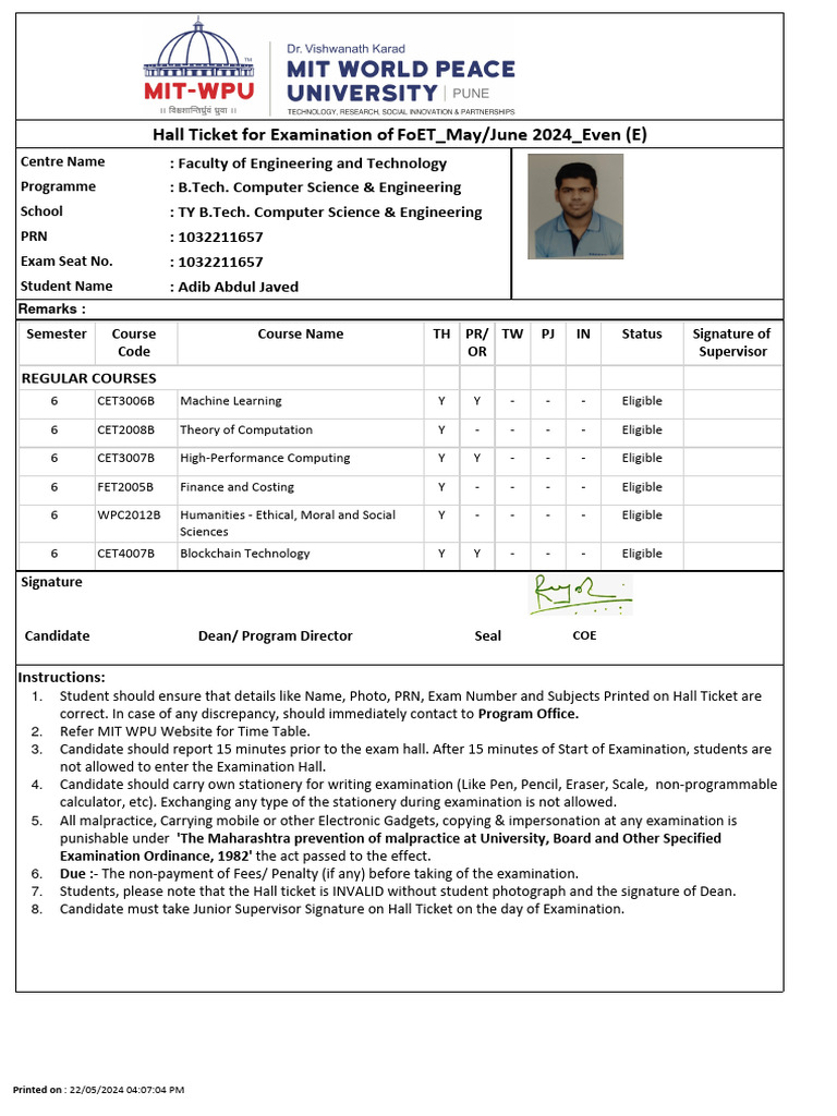 Hall Ticket | PDF | Computing | Engineering
