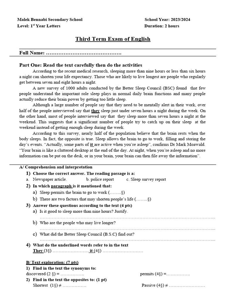 Third Term Exam Letters | PDF | Sleep