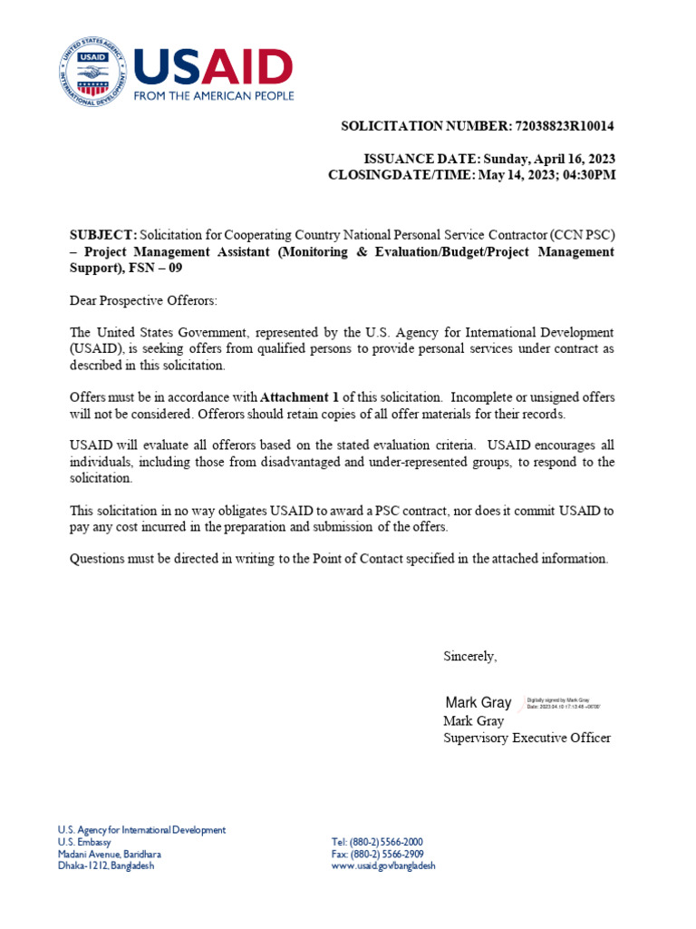 USAID Bangladesh Project Management Assistant Solicitation | PDF ...