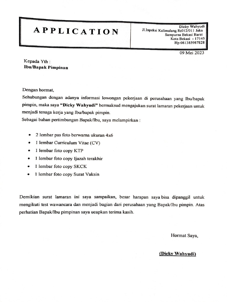 Lamaran Kerja (Dicky Wahyudi) | PDF