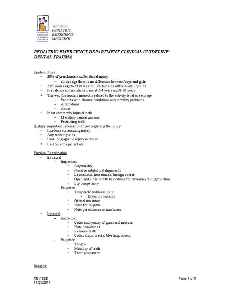 Pediatric Emergency Department Clinical Guideline: Dental Trauma | PDF