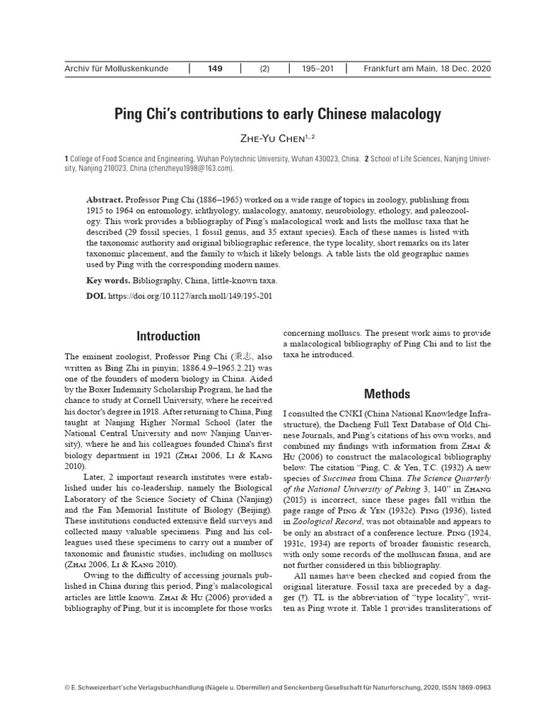 Chen 2020 Ping Chi's Contributions to the Early Chinese Malacology 秉志专文 | PDF | Taxonomy ...