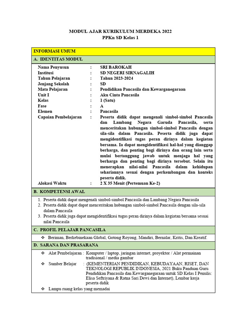 Modul Ajar Pendidikan Pancasila Kelas 1 | PDF