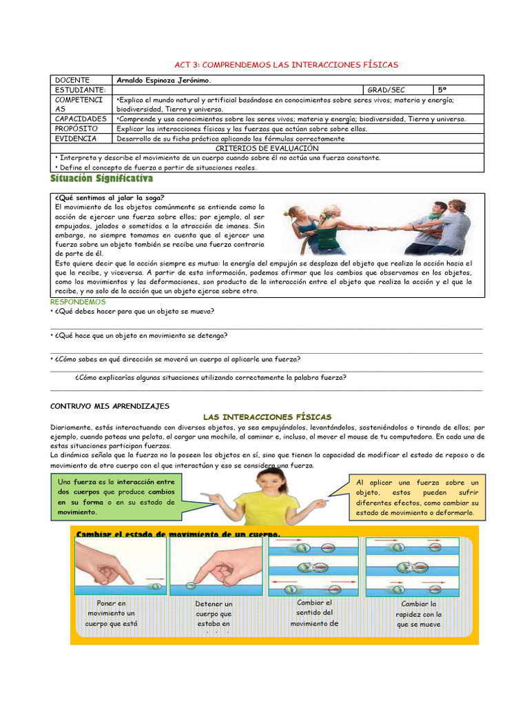 Ficha de Aplicación y Lectura 3 - de 5° - U 3 - Ii B - 2024. | PDF | Fuerza | Fricción