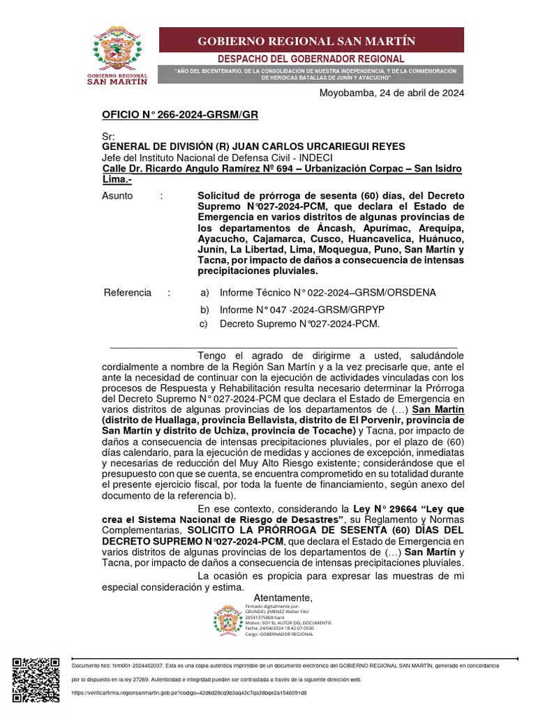 Oficio 266-2024-GRSM-GR (Solicitu de Prorroga de 60 Días Del D.S. 027-2024 (Huallaga, El ...