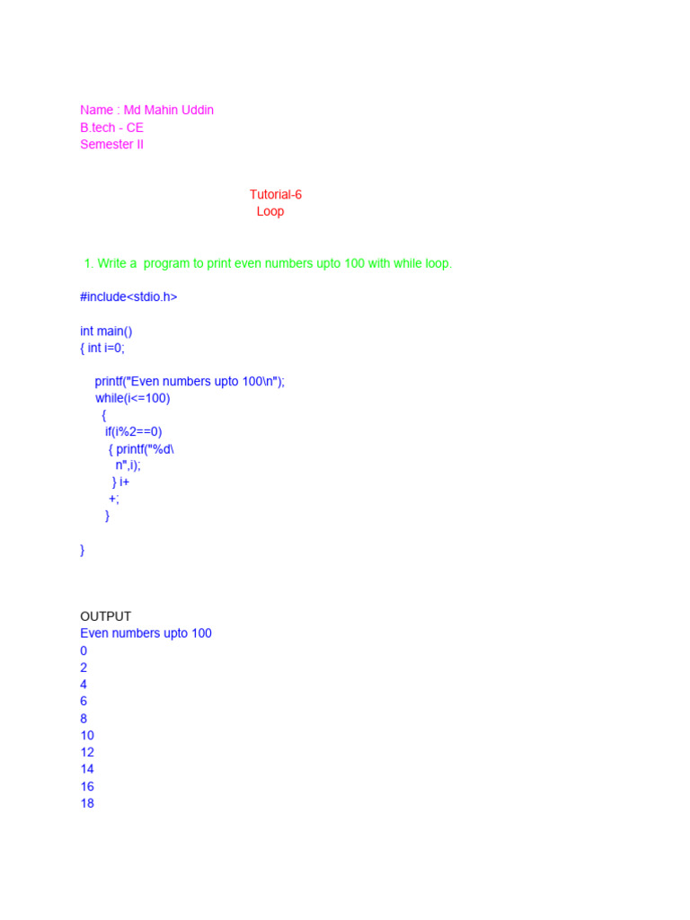Name: MD Mahin Uddin B.tech - CE Semester II: 1. Write A Program To Print Even Numbers Upto 100 ...