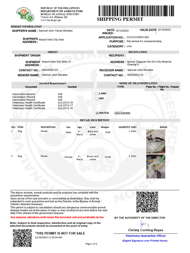 Shipping Permit: Shipper'S Name: Date Issued: Valid Date: Application ...