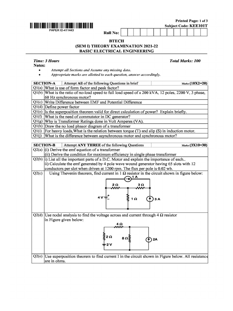Basic Electrical Engineering (KEE101T) Papers | PDF