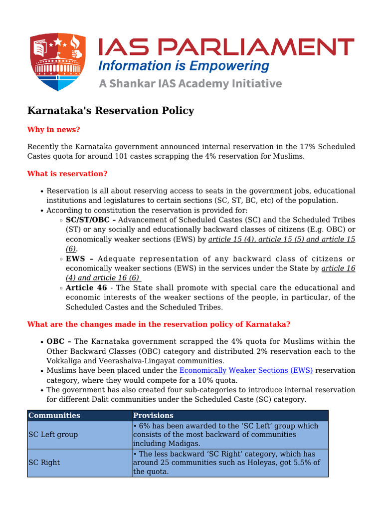 Karnatakas Reservation Policy | PDF | Social Inequality ...