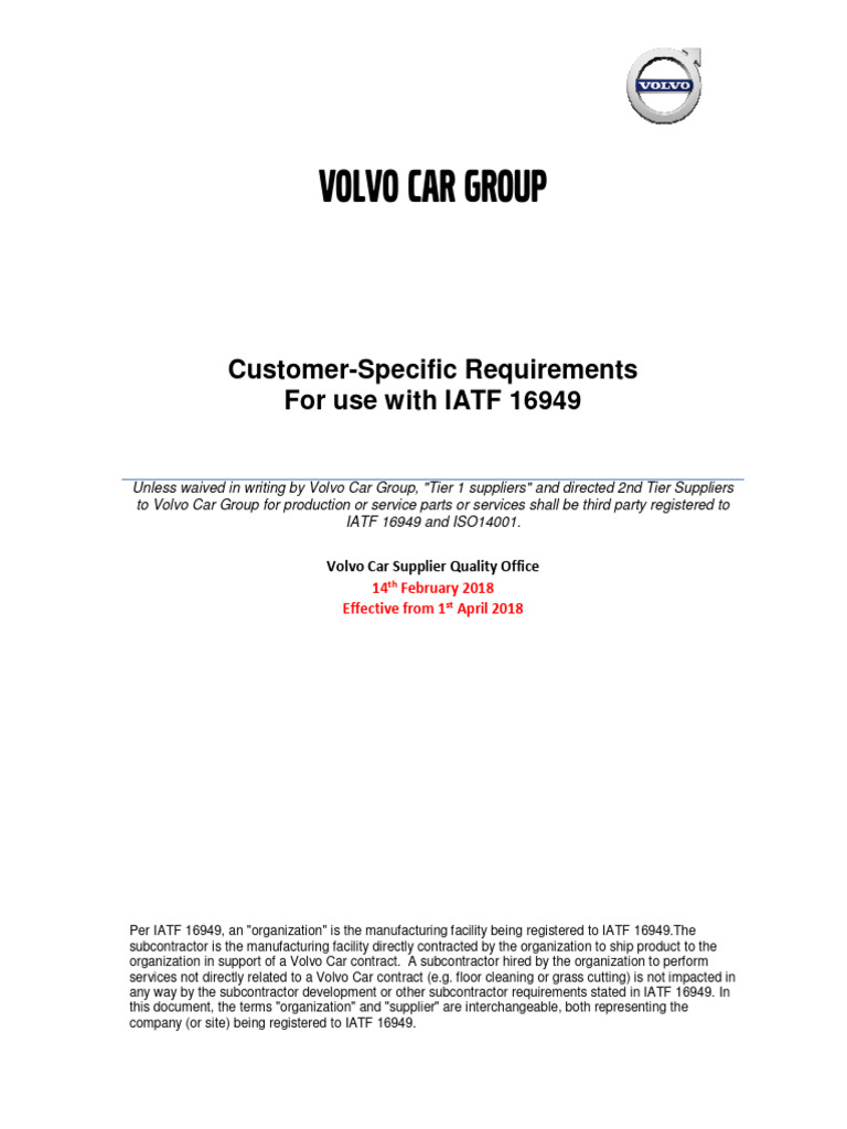 Volvo Cars Customer Specific Requirements - IATF16949 | PDF ...