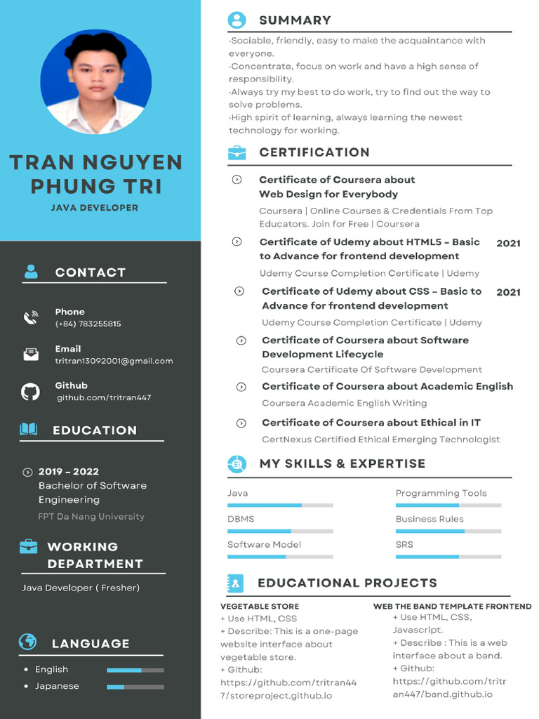 TranNguyenPhungTri CV FRONT-EnD, JAVA Developer | PDF