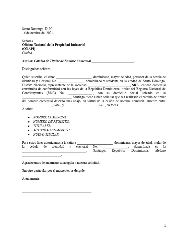 Modelo Carta Onapi CAMBIO TITULAR NOMBRE COMERCIAL | PDF