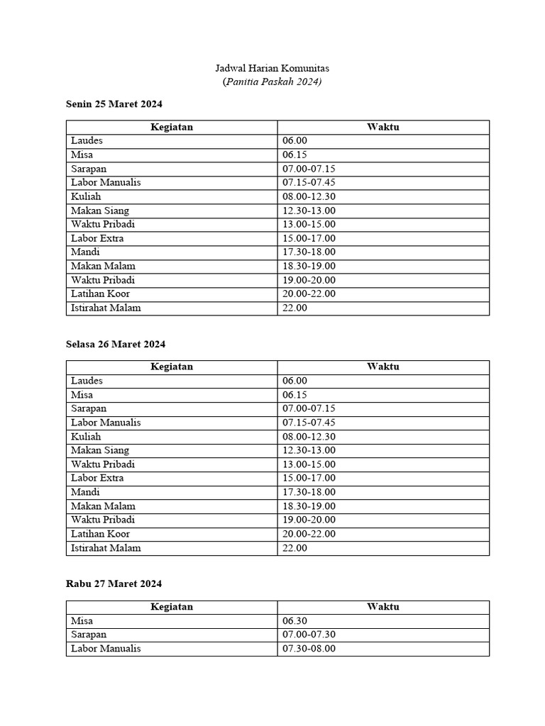 Revisi - Jadwal Harian Komunitas Panitia Paskah 2024 | PDF