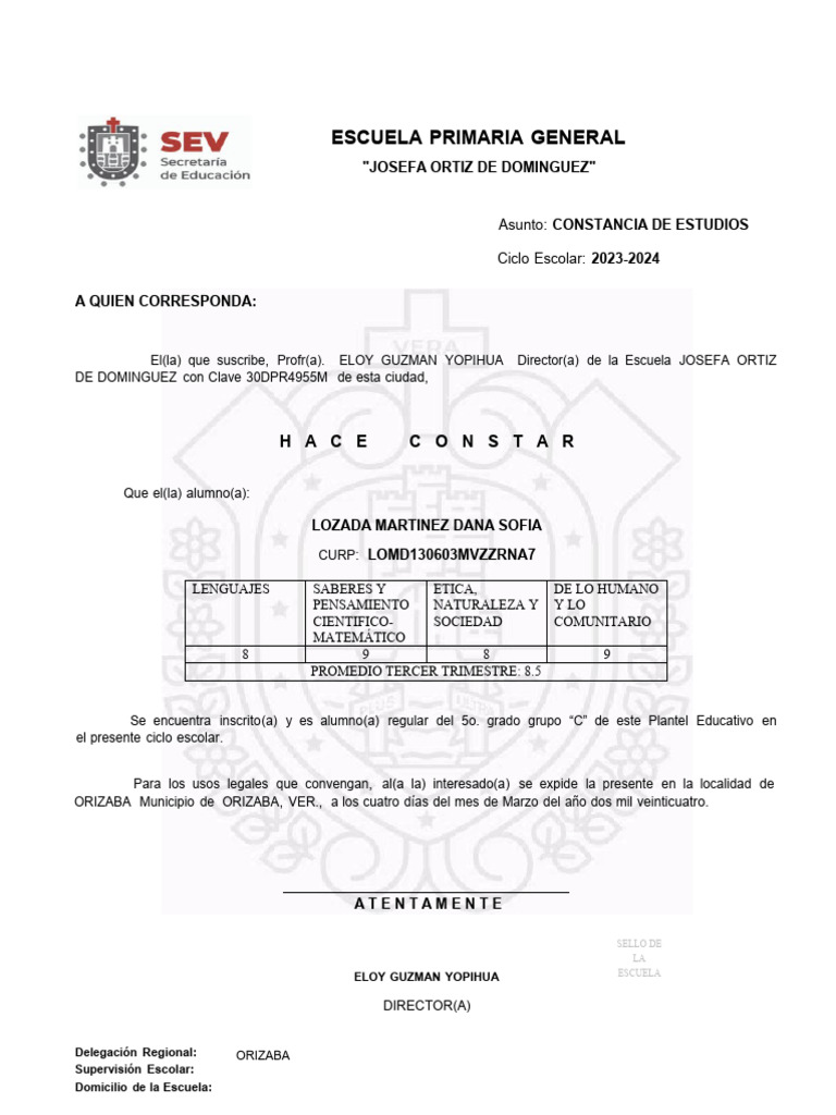 Constancia Con Calificaciones | PDF