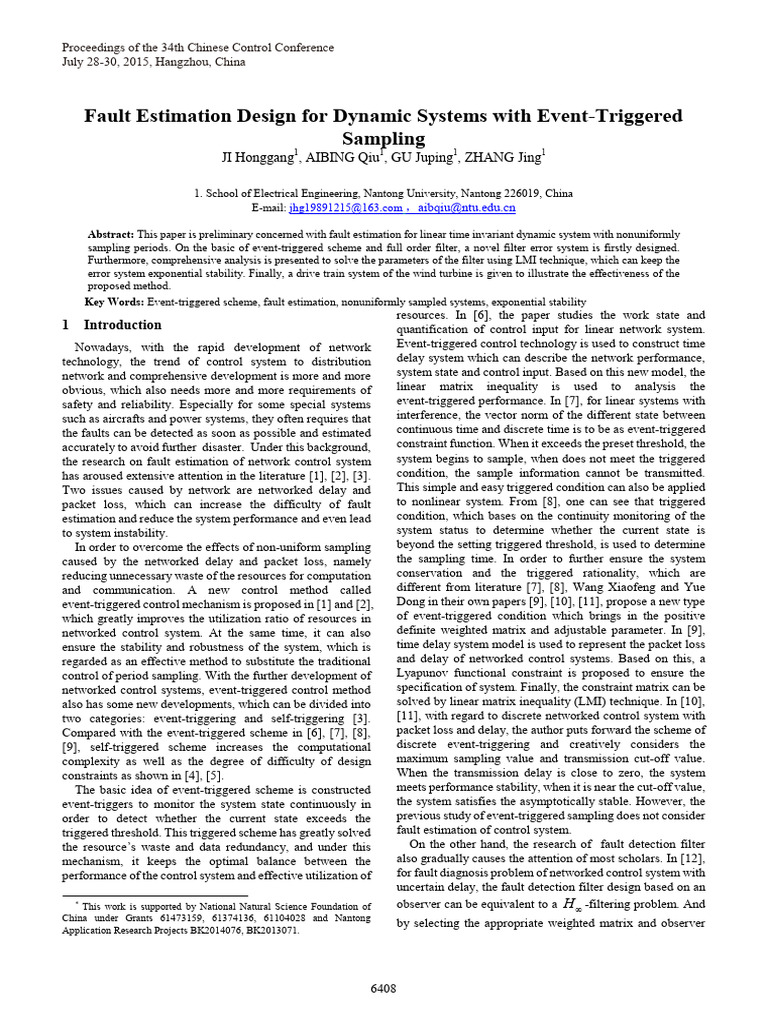 Fault Estimation Design For Dynamic Systems With Event-Triggered Sampling | PDF | Filter (Signal ...